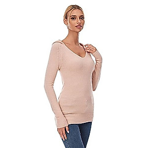 AmélieBoutik Women Hooded V Neck Raglan Long Sleeve Sweater Knit Top (Pink X-Large)