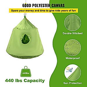 VEVOR Hanging Tree Tent, Max.440lbs Capacity, Tree Tent Swing Hangout Hugglepod with LED Rainbow Decoration Light Inflatable Cushion, Ceiling Hammock Tent for Kids & Adult Indoor Outdoor, Green