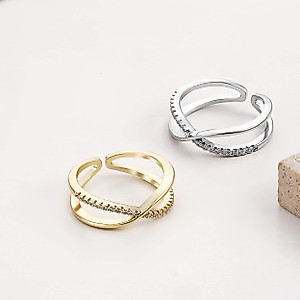 ASCOMY Adjustable Silver Simulated Diamond CZ Criss Cross Ring for Women 14K Gold Plated Dainty X Wedding Ring Minimalist X Shaped Criss Cross Ring Stacking Everyday Ring Jewelry