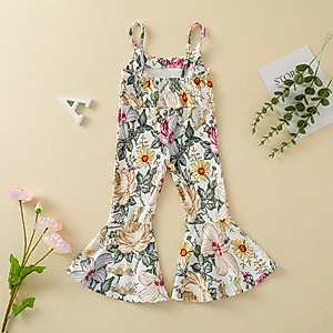 Emmababy Toddler Girl Bell Bottom Romper Baby Floral Suspender Pants Ribbed Jumpsuit Backless Flare Overalls Summer Playsuit(floral,12-18 Months)