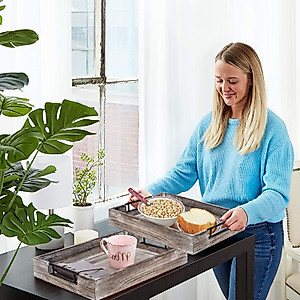 Adeco Rustic Wood Serving Trays Set | Nesting Wooden Tray with Black Sleek Metal Handles | Vintage Wood Platters for Kitchen, Dining Room, Living Room| Large:18.9X2.6X14.2” - Small:15.7X2.6X11.8”