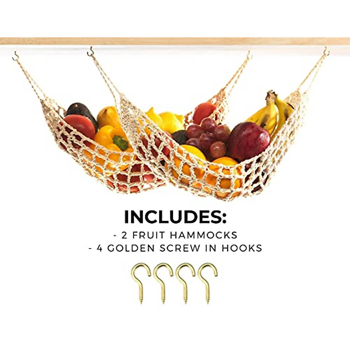 2 Pack Hanging Fruit Hammock - 2 Handwoven Cotton Produce, Banana, Macrame Fruit Hammocks For Kitchen Under Cabinet + 4 PCS Hooks - Storage That Saves Counter Space at Home, Boat, or Rv