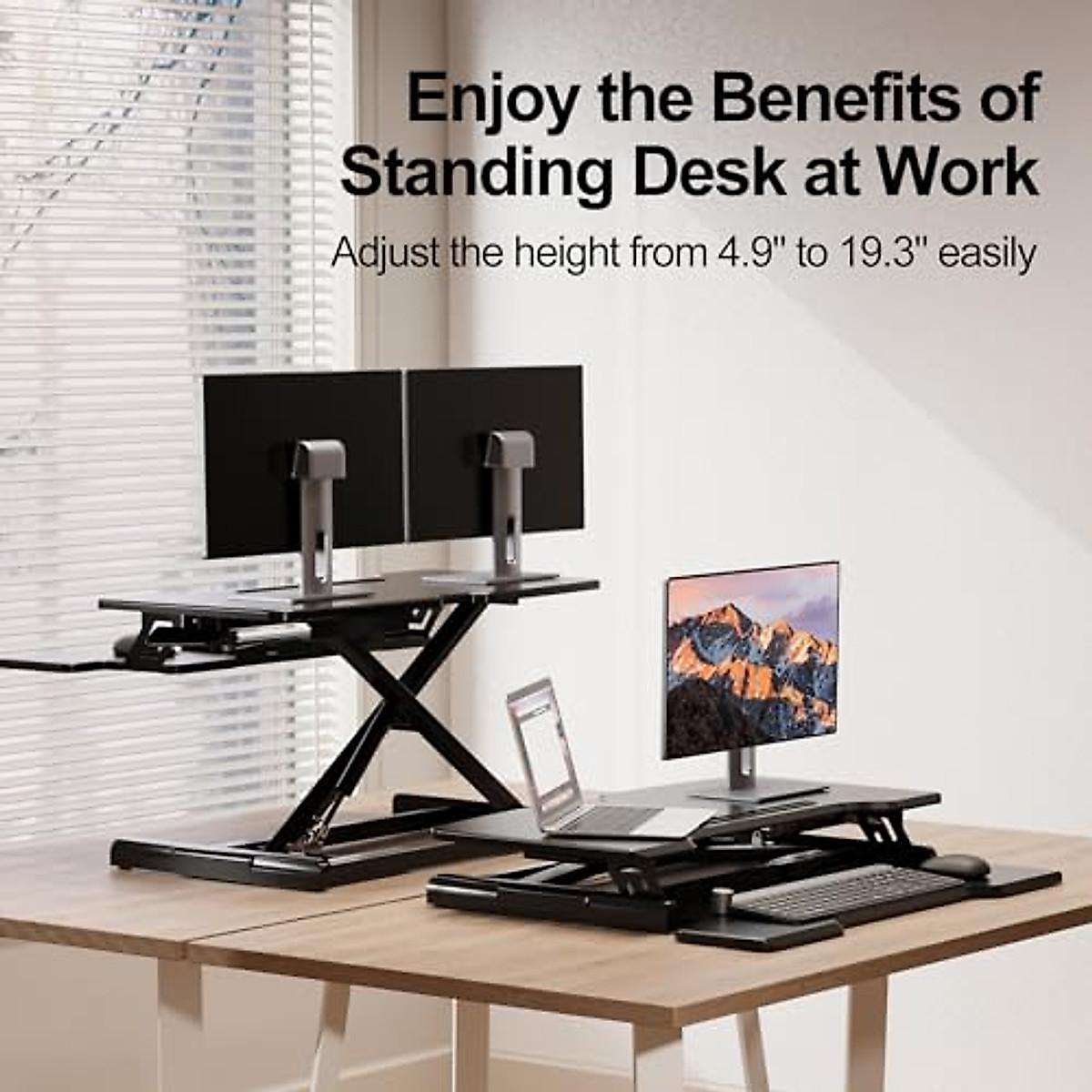 Joy Seeker Standing Desk Converter 30 Inches Stand up Desk Riser, Height Adjustable Dual Tier Sit Stand Tabletop Monitor Riser Workstation for Home Office with Deep Keyboard Tray for Laptop