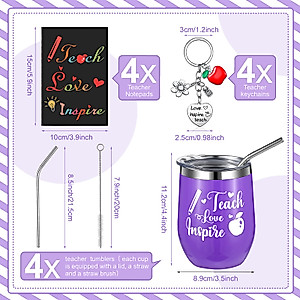 12 Pcs Teacher Appreciation Week Gifts in Bulk for Women, Teach Love Inspire Tumbler Set 12 oz Wine Cup with Mini Journal Notepads Keychains Teachers Day Gifts Graduation Retirement Gifts(Purple)