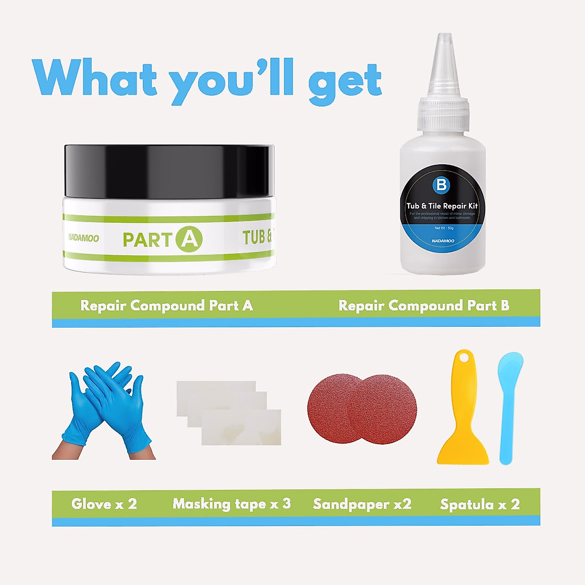 NADAMOO Tub and Tile Repair Kit White Tile Shower Repair Kit for Fiberglass Porcelain Ceramic Acrylic Stone, Fix Crack Chip Scrap Hole - 3.5 Oz