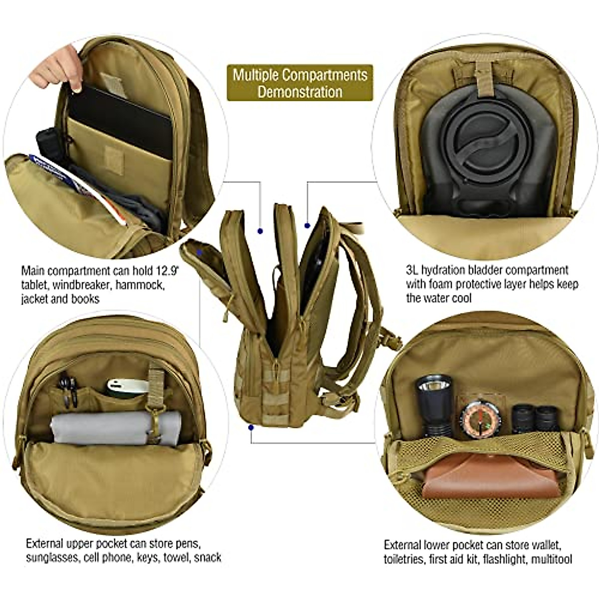 MARCHWAY Tactical Molle Hydration Pack with 3L TPU Water Bladder, Military Backpack with Multi Compartment for Cycling, Hiking, Running, Backpacking (Coyote Brown)