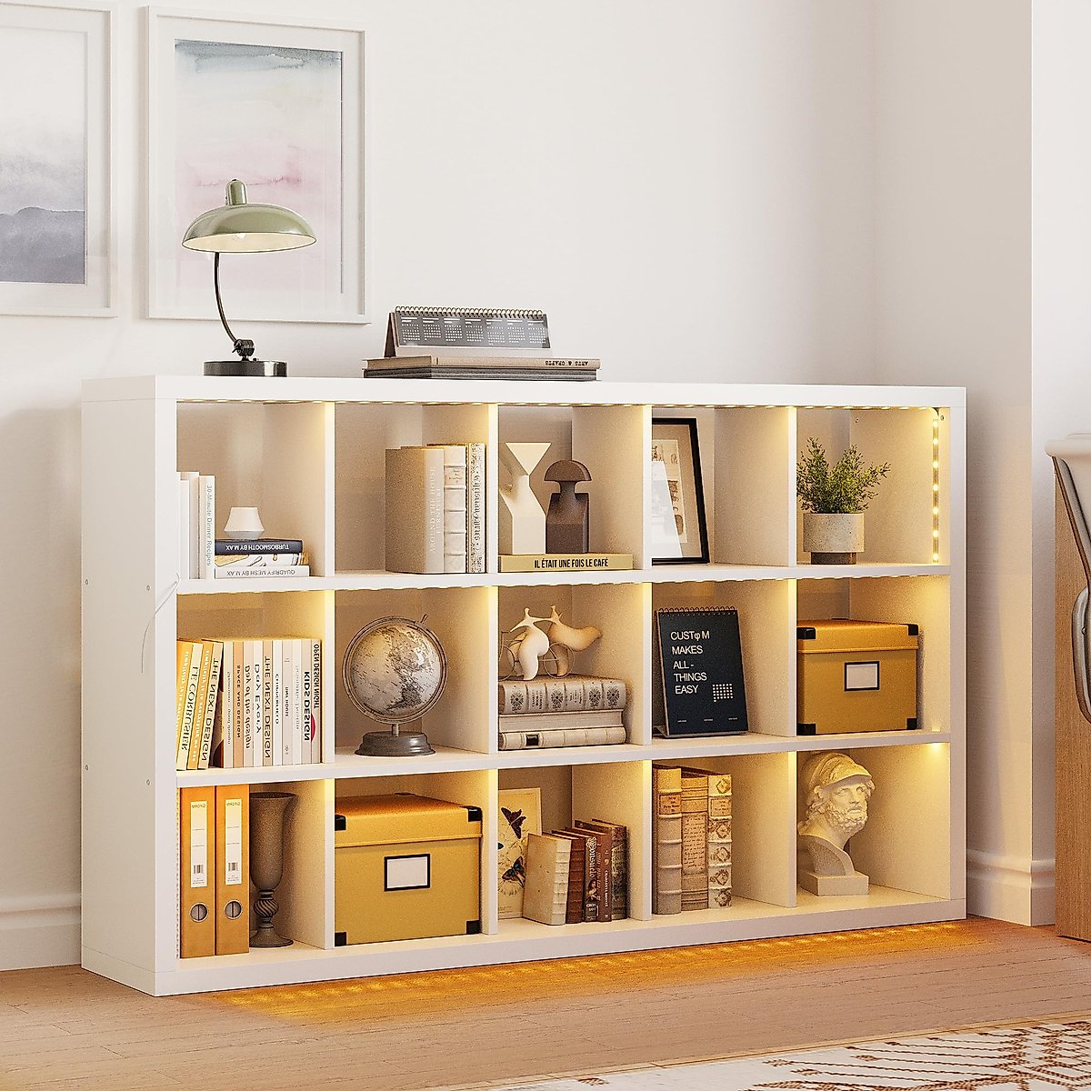 IRONCK 15 Cube Bookcase Storage Shelf Organizer with LED Lights, 5 Tier Bookshelves and Bookcases Display Shelves, Horizontally or Vertically Use, White