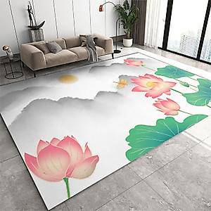 Lotus Lotus Leaf Rugs,Vintage Ink Painting Living Room Carpet Washable Flannel with Non-Slip Carpet Bedroom Dining Room Office Entrance2 x 6ft