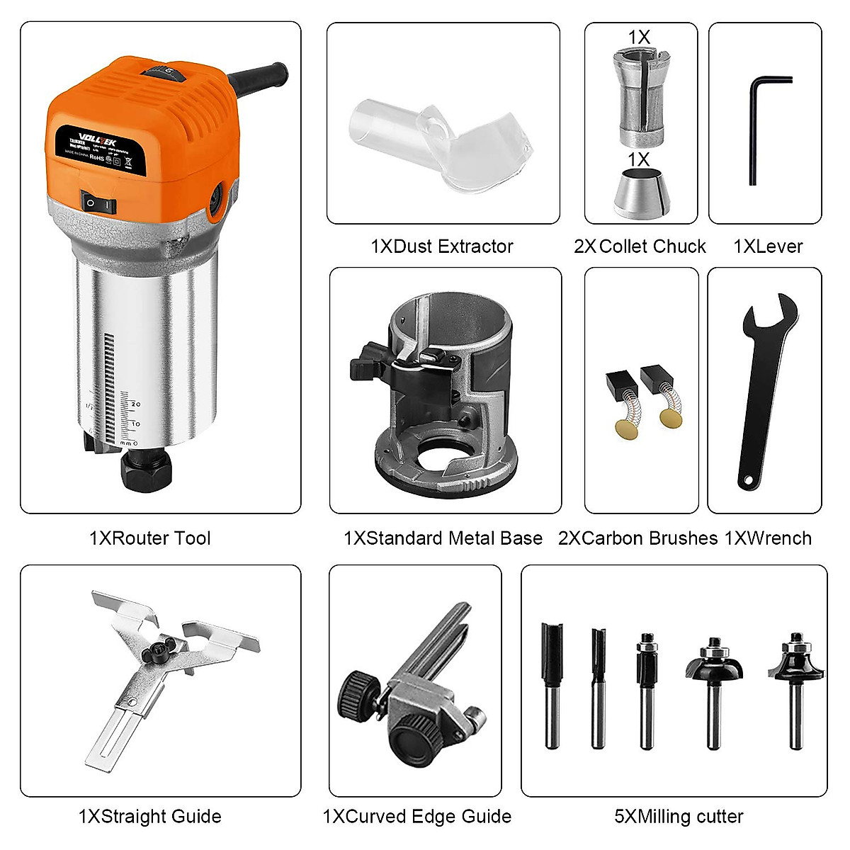 VOLLTEK 6.5-Amp Wood Router Tool, 1.25 HP Compact Trim Router with 5PCS Wood Router Bits, Edge Guide, Roller Guide, Dust Hood and 1/4" & 3/8" Collets Dobetter