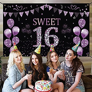 Trgowaul Sweet 16 Birthday Decorations Banner Girls, Purple Sweet 16th Backdrop Birthday Party Sign Supplies, Sweet Sixteen Year Old Poster Background Photo Booth Props Decor, Sweet 16 Decorations