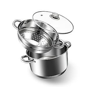 AuFranc® 4 Quart 18/10 Stainless Steel Tri-ply Stockpot and Steamer with Tempered Glass Lid, Multipurpose Steamer Pot Compatible with All Cooktops, Non-Toxic Soup Pot, Oven & Dishwasher Safe (Silver)