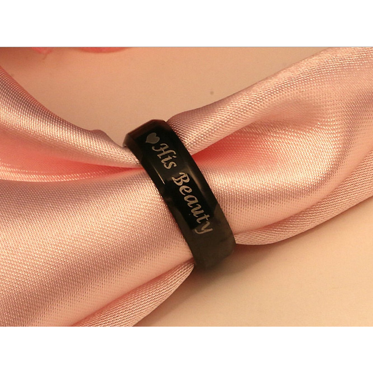 His Beauty Love Heart Women's Black Stainless Steel Engagement Wedding Bands Promise Ring Anniversary (Her Size 5)