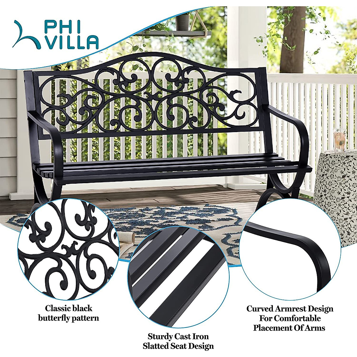 PHI VILLA 50-Inch Cast Iron Steel Frame Garden Bench Outdoor Patio Bench Chair w/Floral Design Backrest, Slatted Seat for Park, Yard & Porch, Black