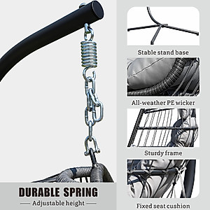 HWB Hanging Egg Chair with Stand, Patio Wicker Hammock Egg Swing Chair with Cushion for Bedroom Garden Indoor Outdoor (Grey)