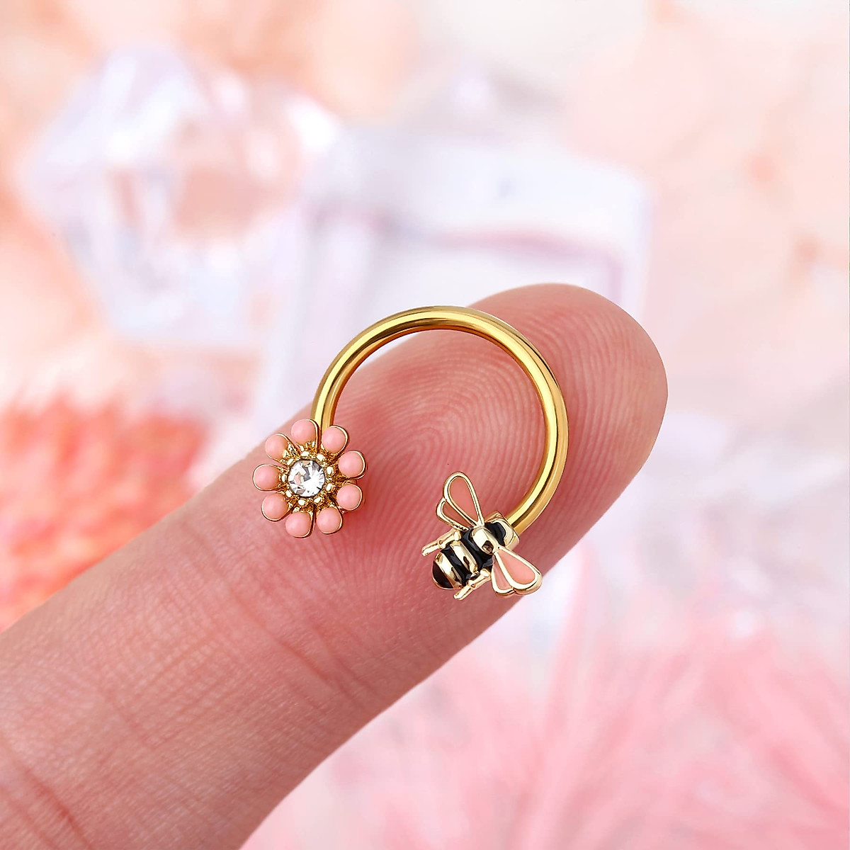 CM Crareesi Mania Cute Bee Septum Rings 16G Septum Piercing Jewelry 316L Stainless Steel Daith Piercing Jewelry Gold Helix Piercing Jewelry Epoxy Flower Cartilage Earrings