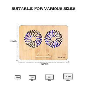 SUMISKY Laptop Stand Cooling Pad 100% Bamboo Adjustable Laptop Desk with 2 Quiet Cooling Fans Blue Light and 2 USB Ports Ergonomic Cooler Pad for 13-16 inches Laptop (15"x11")