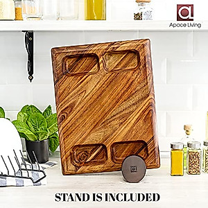 Contour Wood Cutting Board - Large Acacia Butcher Block Chopping Board for Kitchen w/Stand, Sustainable Wood, Juice Groove - Doubles as 4 Compartment Serving Board - Apace Living 17x13x1.5