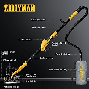 Drywall Sander, 1050W Electric Drywall Sander with Vacuum Dust Collection, 2100RPM Wall Sander with 7 Variable Speed, Foldable & Extendable Handle, Double-Deck LED Light, Dust Bag and Hose