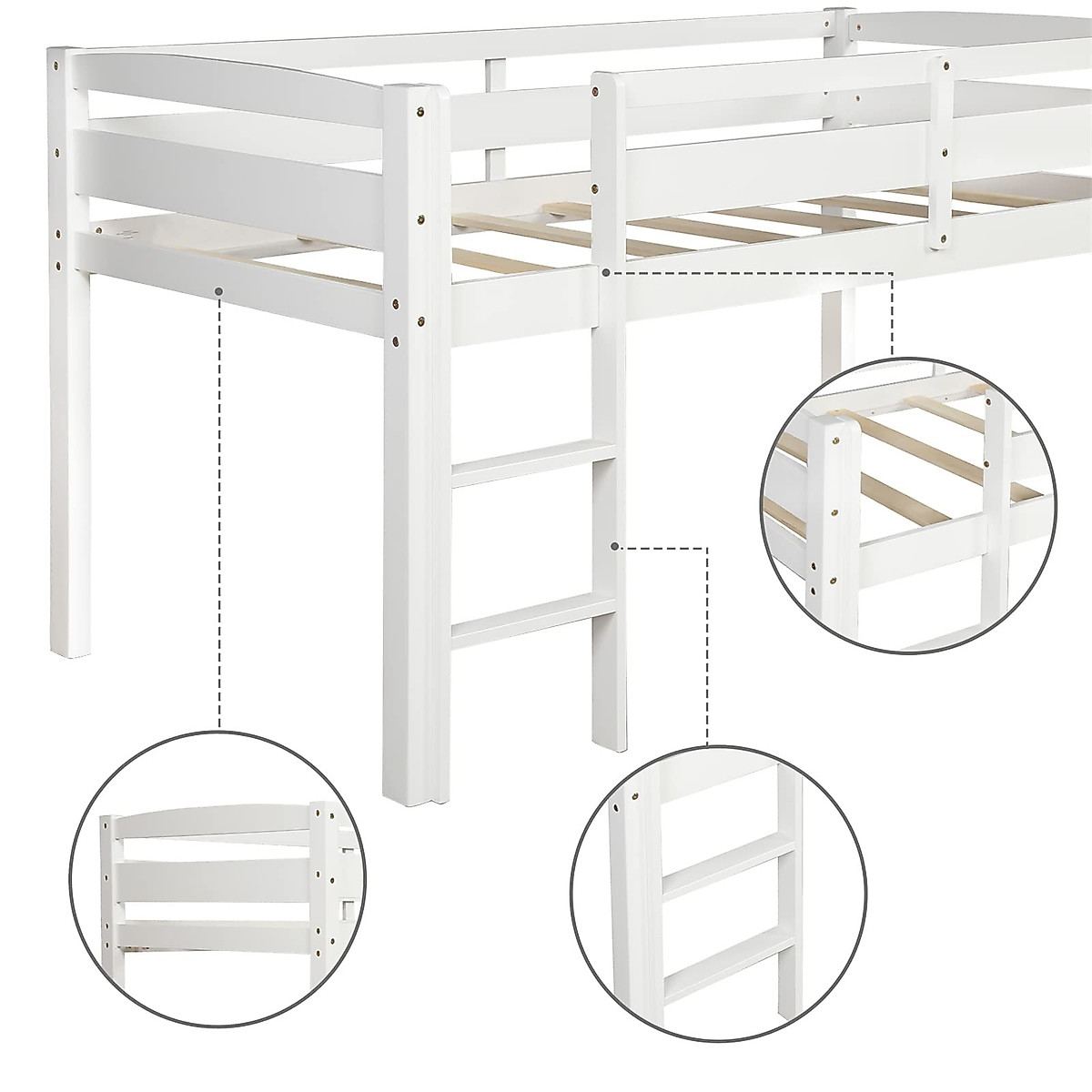 Bellemve Low Loft Bed Twin Size Wooden Loft Bed Frame with Ladder for Kids Girls Boys Teens, White