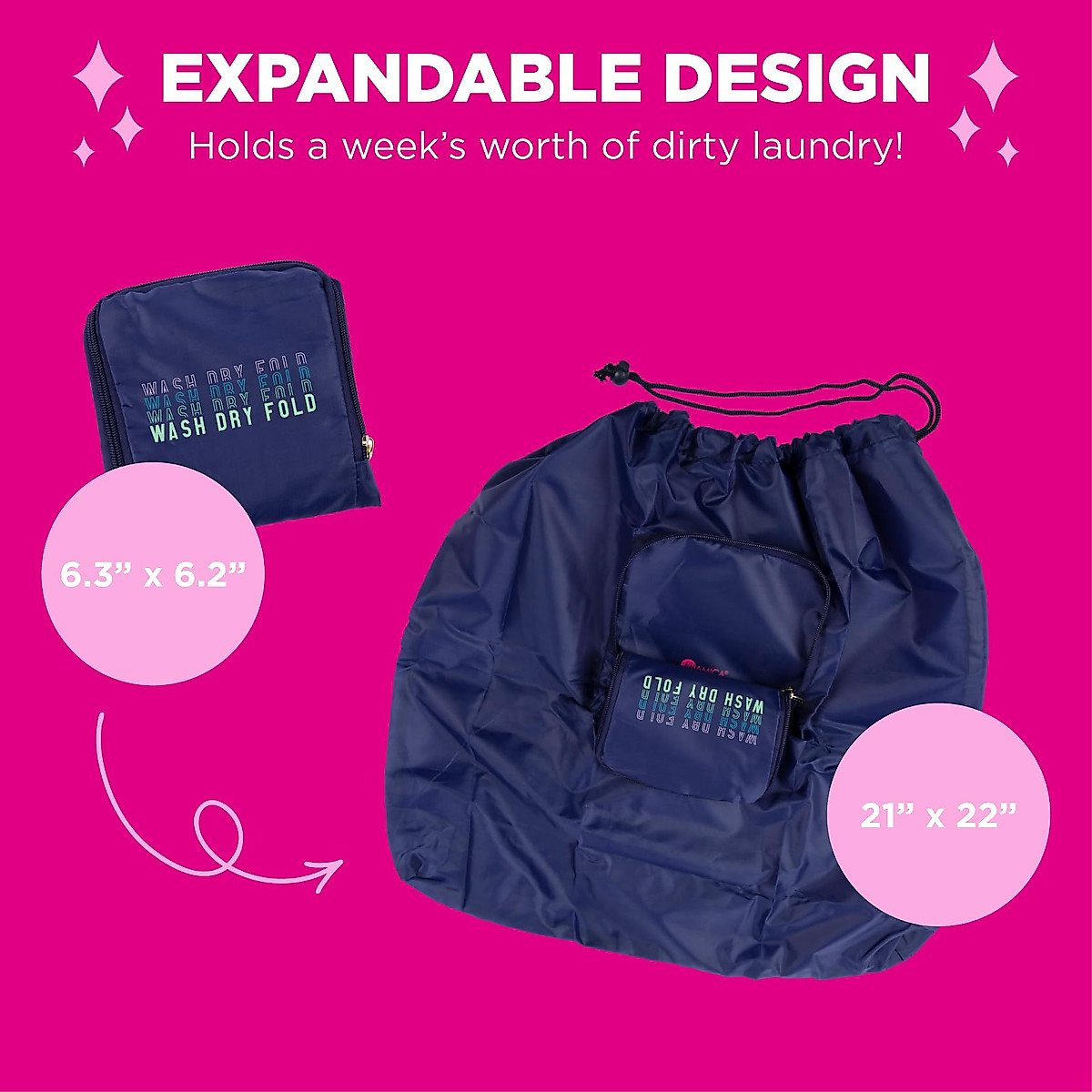 Miamica Wash, Dry, Fold, Repeat Laundry Bag, Navy/Multi, 21" x 22"