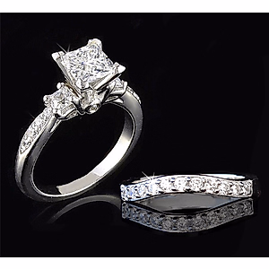 Venetia Top Grade Realistic Princess Cut Simulated Diamond 3-Stones Ring Curved Band 2 Pcs Set Platinum Plated 925 Silver Cubic Zirconia cz (7)