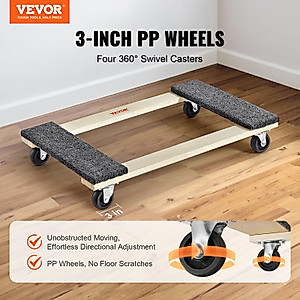 VEVOR Hardwood Furniture Moving Dolly, 30 in. x 18 in. 4 x 3 PP Swivel Casters, Heavy Duty Wooden Mover Dollies, Moving Cart with Wheels for Heavy Furniture, 1000 lbs. Capacity, 1 Pack
