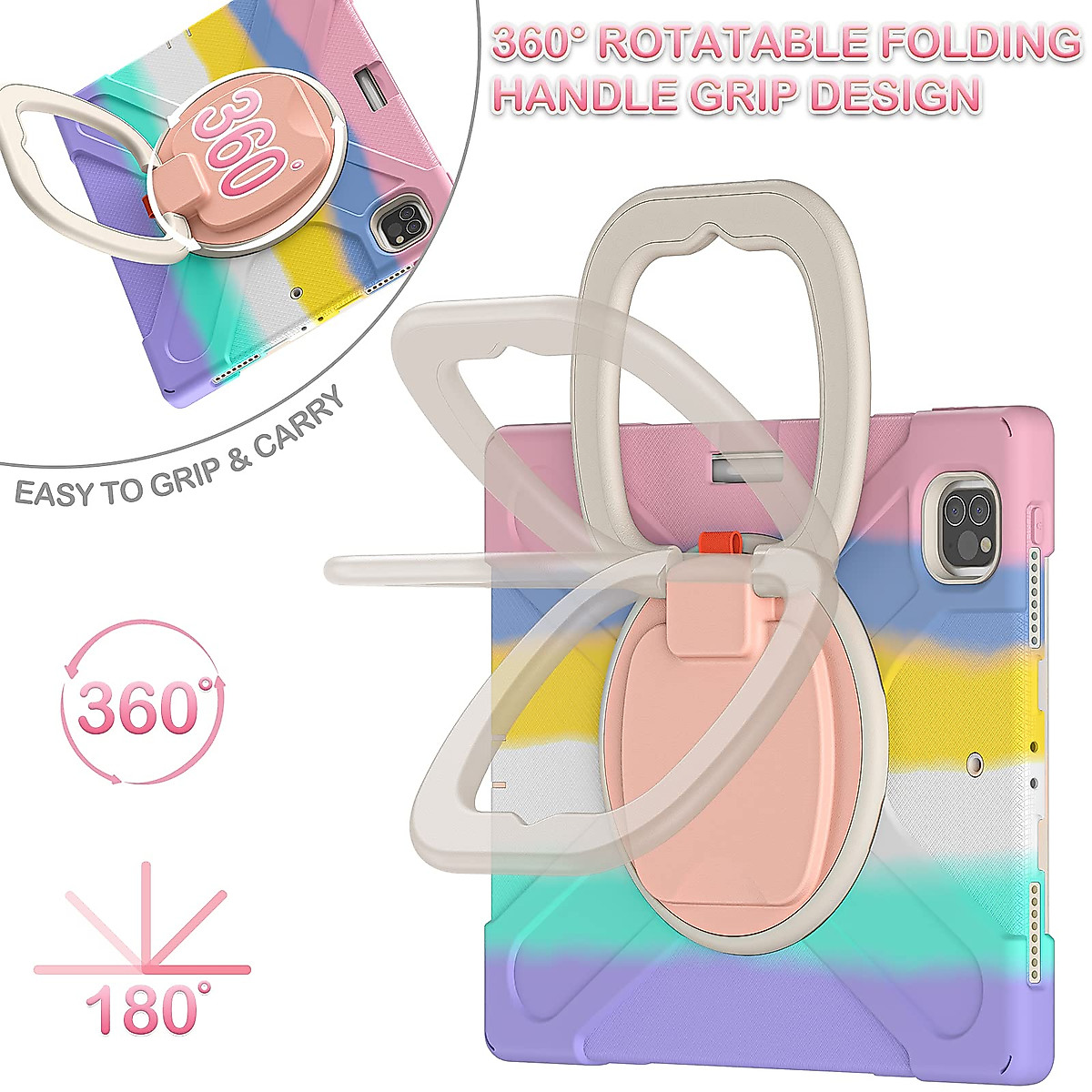 BATYUE iPad Pro 12.9 2021 Case,[Rugged] [Heavy Duty] iPad Pro 12.9 5th Generation Case with 360° Swivel Stand/Handle Grip/Shoulder Strap/Wireless Apple Pencil Charging Pencil Holder - Colourful Pink