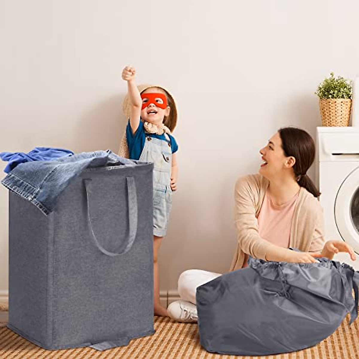 GhvyenntteS Large Freestanding Laundry Hamper Collapsible Laundry Basket with 2 Removable Bags, Sturdy Clothes Hamper with Bottom Plate and Metal Wire Frame for Bathroom Laundry Room, Grey