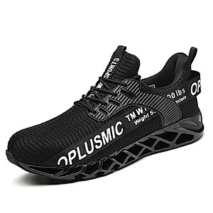 Oplusmic Steel Toe Shoes for Men Indestructible Work Sneakers Puncture Proof Comfortable Slip On Safety Shoes for Work Industrial Coustruction Shoes Black White Size 13