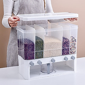xingxinqi Cereal Dispenser Plastic Clear Dry Food Dispenser with Lid 5 Grid Rice Dispenser Storage Box Rice Bucket Container, White (55B27DSKDFI177WC0541W)