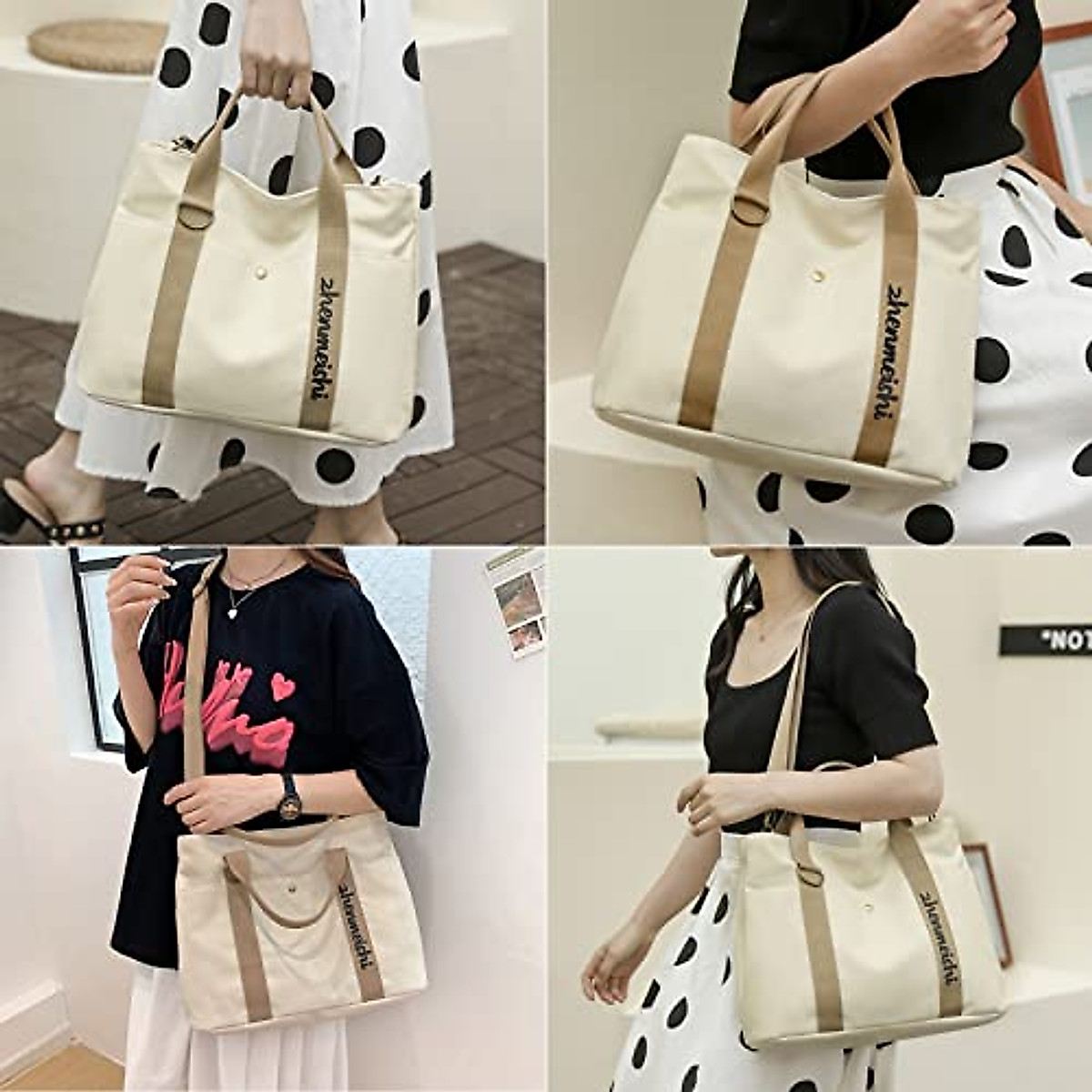 Canvas Tote Bag for Women Work Satchel Bags Messenger Bag with Zipper White Over The Shoulder Purses Cross Body Bag Purses for Women Travel Hobo Adjustable Thick Strap Crossbody Handbags Purse Trendy