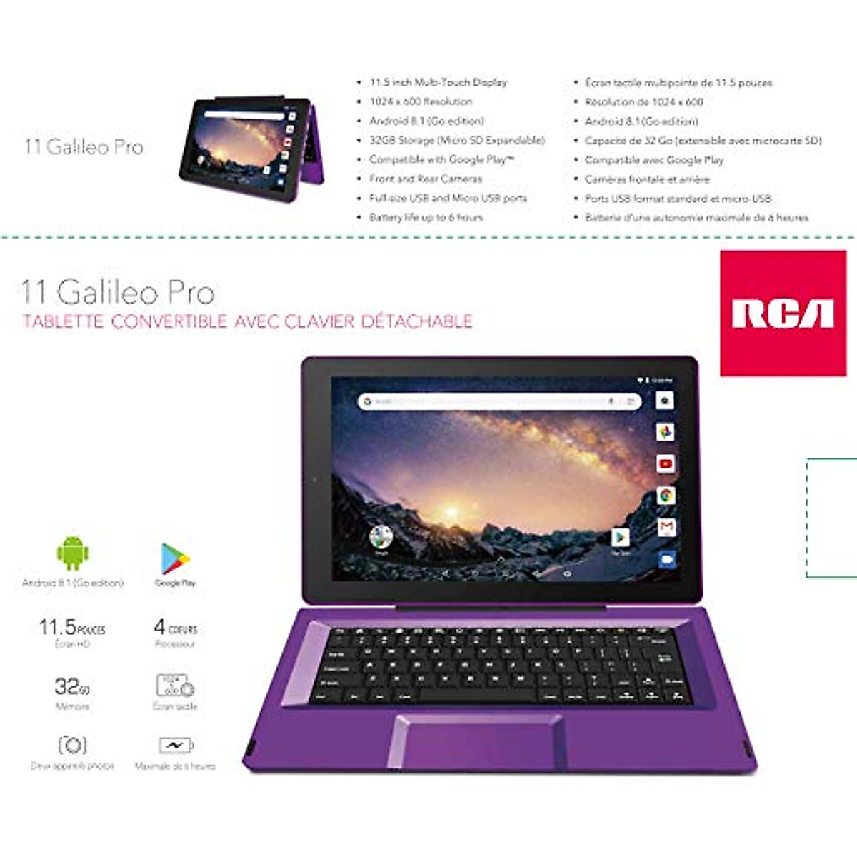 RCA Galileo 11.5" 32 GB Touchscreen Tablet Computer with Keyboard Case Quad-Core 1.3Ghz Processor 1GB Memory 32GB HDD Webcam Wifi Bluetooth Android 8.1 - Purple