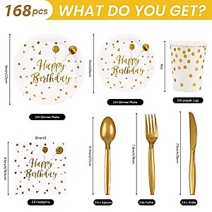 168PCS Happy Birthday White and Gold Party Supplies,Disposable Party Decorations Paper Plates Napkins Cups Plastic Forks Knives Spoons for Birthday Graduation Bridal Shower-24 Guests