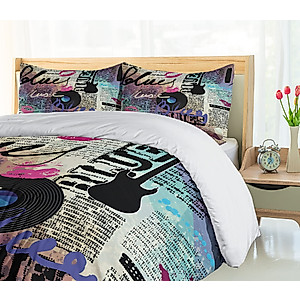 Ambesonne Old Newspaper Duvet Cover Set, Retro Blues Music Genre Old Record Electric Guitars Kiss Inscriptions Grunge, Decorative 3 Piece Bedding Set with 2 Pillow Shams, Queen Size, Dark Lavender