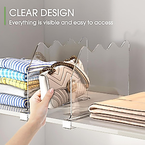 SPACEKEEPER Shelf Dividers for Closet Organization, Clear Closet Shelf Divider for Clothes Purses Separators, Wood Shelves Organizer for Bedroom, Kitchen, Office, Cabinets, Bathroom, 12 Pack