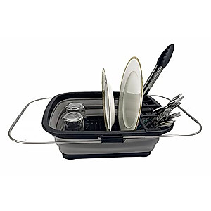 SAMMART 8L (2.11Gallons) Expandable Collapsible Dish Drainer - Foldable Drying Rack - Portable Dinnerware Organizer - Space Saving Kitchen Storage Tray (Black/Alloy Grey)