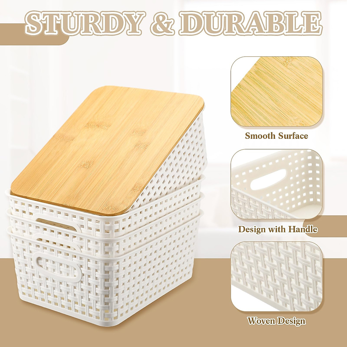 Barydat 4 Pack Plastic Storage Baskets with Bamboo Lid Pantry Organization Storage Containers Lidded Storage Bins Container for Shelves Drawers Desktop Closet Playroom Classroom Office (White)