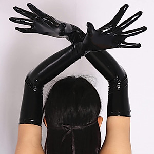 Jhaoyu Women's Long Latex Gloves Sexy Shiny Faux Leather Mid Upper Arm Length Gloves for Evening Costume Dress Black XX-Large