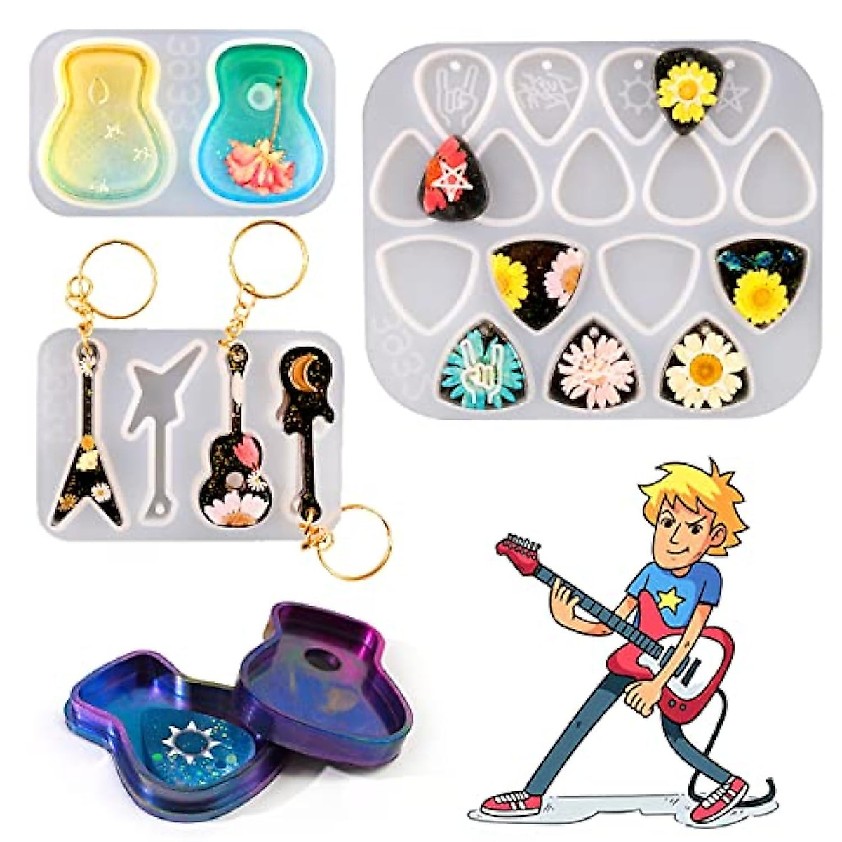 RESIN GO Guitar Pick Resin Mold Set, Guitar Triangle Plectrum Resin Molds Silicone, Resin Keychain Molds for Musical Accessories