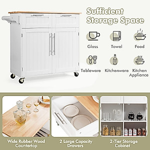 COSTWAY Kitchen Island Cart on Wheels, with Side Towel Bar, 2 Drawers, 2 Door Cabinet, Rolling Storage Trolley Cart with Rubber Wood Top & Lockable Casters (White)