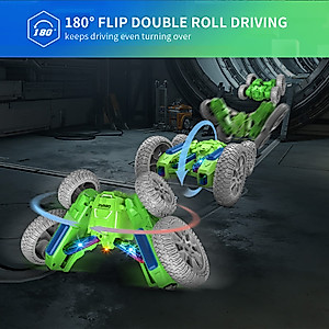 DEERC RC Stunt Car W/Flashing Lights,360 Degrees Tumbling & Rotating W/Novelty Luminous Words,4WD Drift High Speed RC Car,2 Sided Remote Control Car for Boys, 2.4G Crawler Toy Gifts for Kids