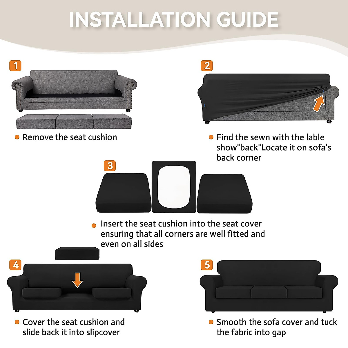 KEKUOU 4 Pieces Stretch Couch Covers for 3 Cushion Couch Sofa pet Friendly， Sofa Covers Washable Soft Elastic Dogs Furniture Protector(Sofa,Black)