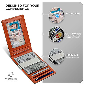 SERMAN BRANDS Mens Money Clip Wallet. RFID Blocking Slim Front Pocket Wallets for Men, Full Grain Leather RFID Minimalist Card Holder (Titian Hue Navigator)