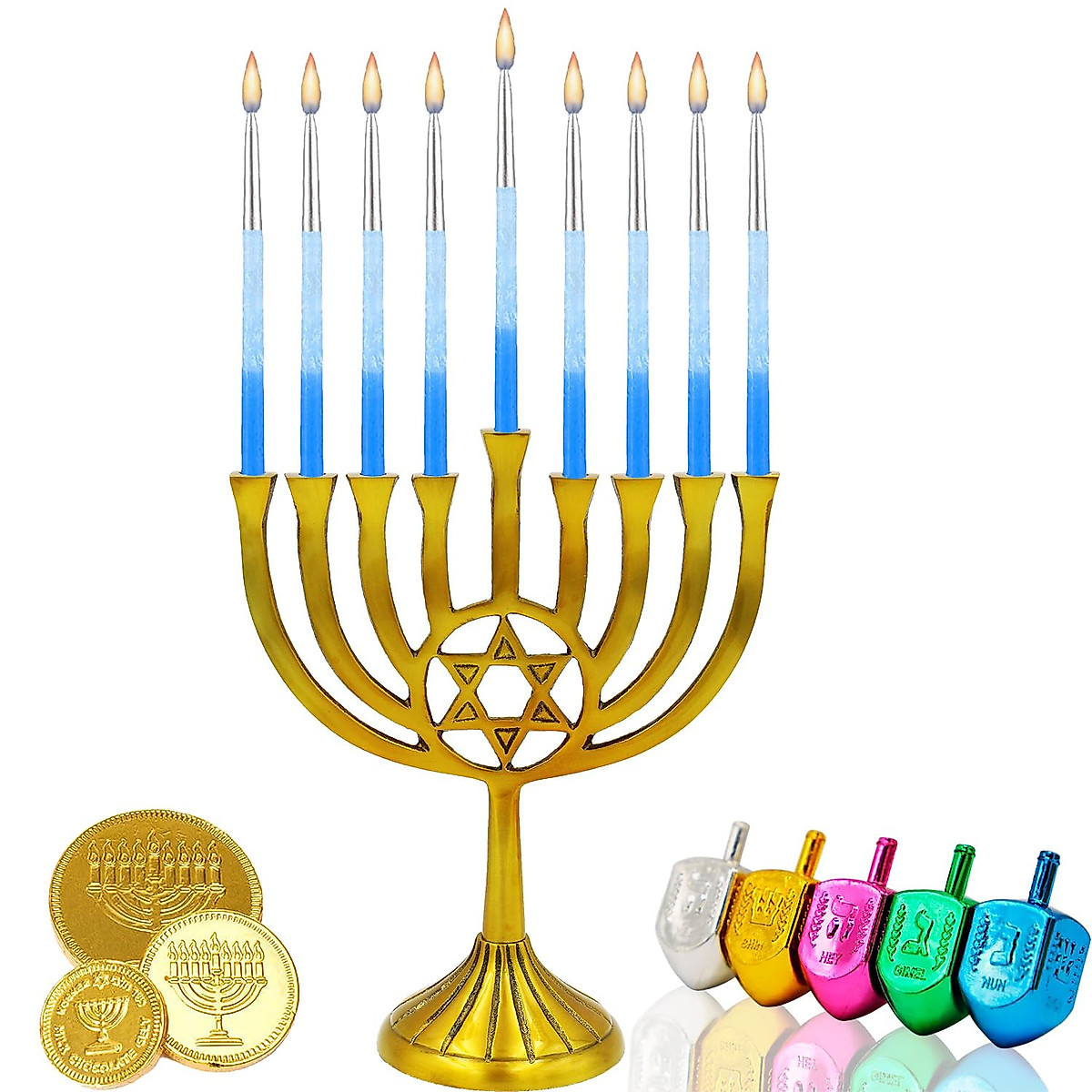 The Dreidel Company Metallic Hanukkah Frosted Premium Tapered Hand Decorated Chanuka Candles (Metallic Silver w/Blue Frost)