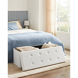 SONGMICS 43 Inches Folding Storage Ottoman Bench, Storage Chest, Footrest, Coffee Table, Padded Seat, Faux Leather, Holds up to 660 lb, White ULSF702