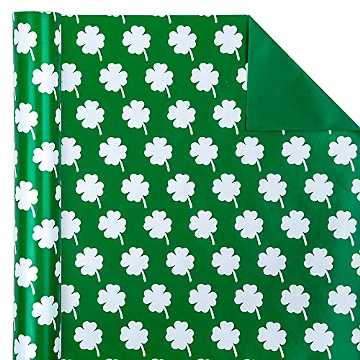 WRAPAHOLIC Reversible Wrapping Paper - Mini Roll - 17 Inch X 33 Feet - St. Patrick Green and White Lucky Clovers Design for Celebration, Baby Shower