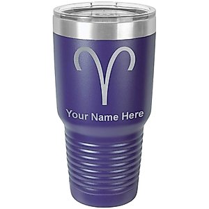 LaserGram 30oz Vacuum Insulated Tumbler Mug, Zodiac Sign Aries, Personalized Engraving Included (Dark Purple)