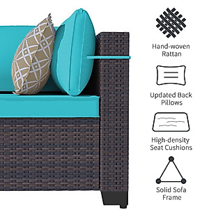 ASJMR Outdoor Patio Furniture Set with Gas Fire Pit Table, 8 Pieces Outdoor Furniture Set Patio Sectional Sofa w/43in Propane Fire Pit, PE Wicker Rattan Patio Conversation Sets - Teal.