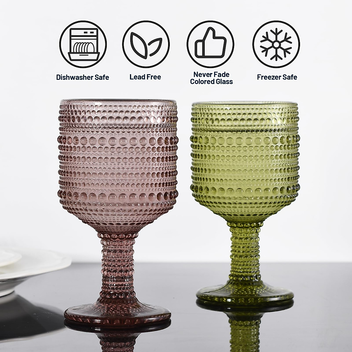 Wongblee Vintage Stemmed Wine Glasses 10 OZ, Hobnail Glass Goblets, Colored Drinking Glasses for Dining Table, Party, Bar