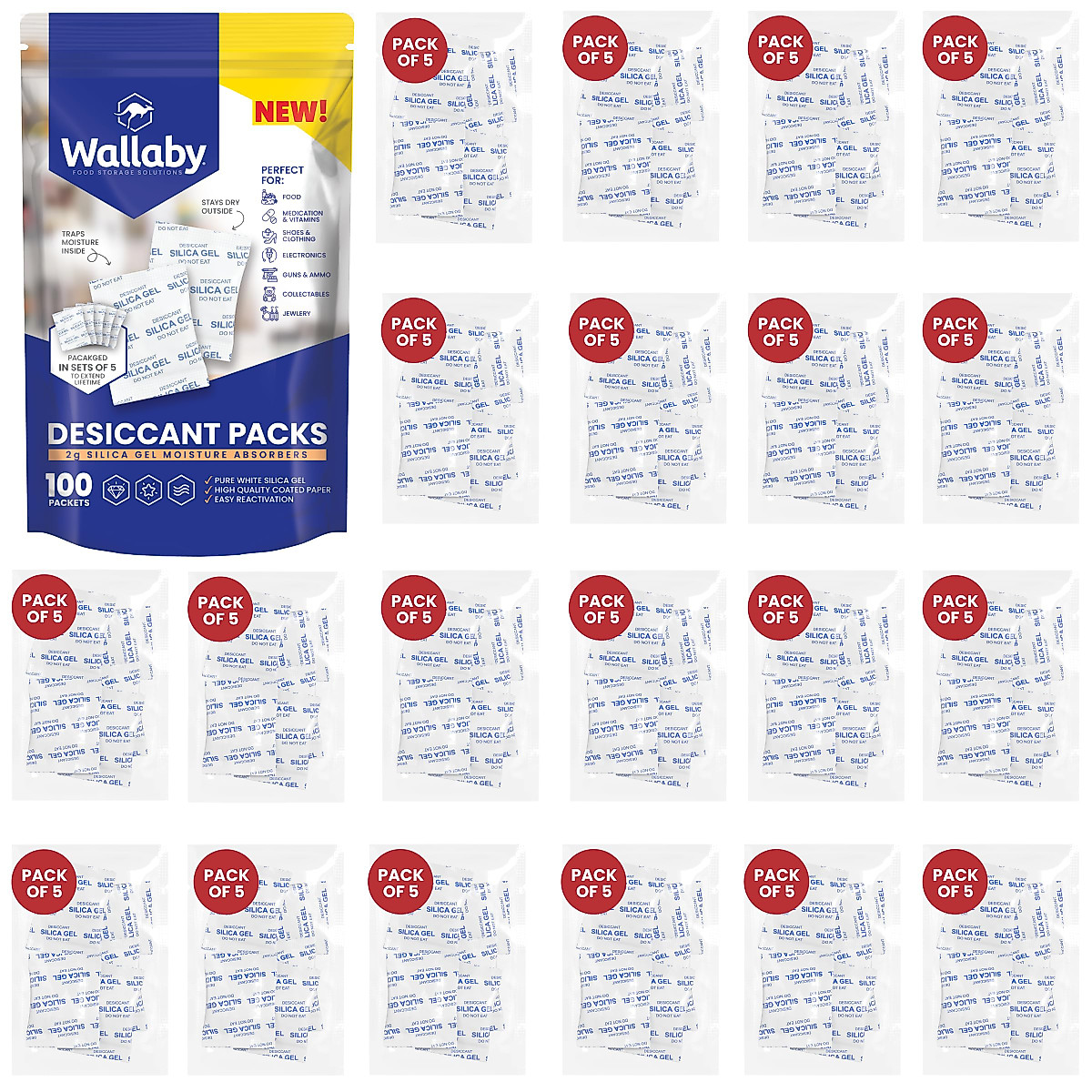 Wallaby 2 gram (100 Packets) Food Safe Pure White Silica Gel Desiccant Dehumidifier Packs - Rechargeable & Coated Moisture Absorbers - Protects Against Moisture Damage - (Packed in 20x Sets of 5)
